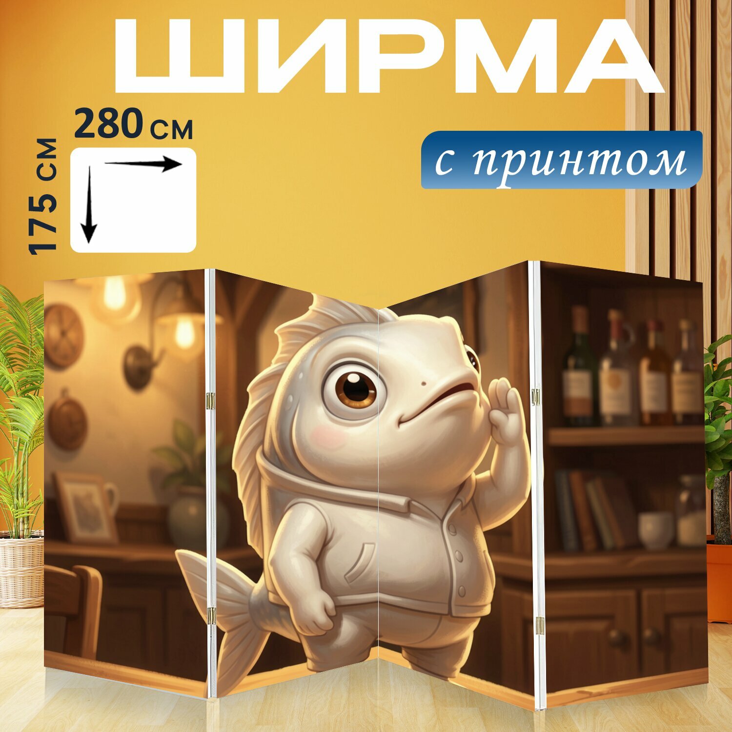 Ширма "Смешная рыбка в худи. Очаровательный морской герой в светлой одежде стоит на деревянном столе в уютной." перегородка для зонирования комнаты с принтом 280x175 см. на холсте