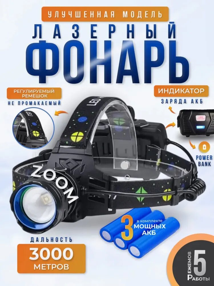 Налобный фонарь с дальностью освещения 3000 м в темно-синем и черном матовом цвете