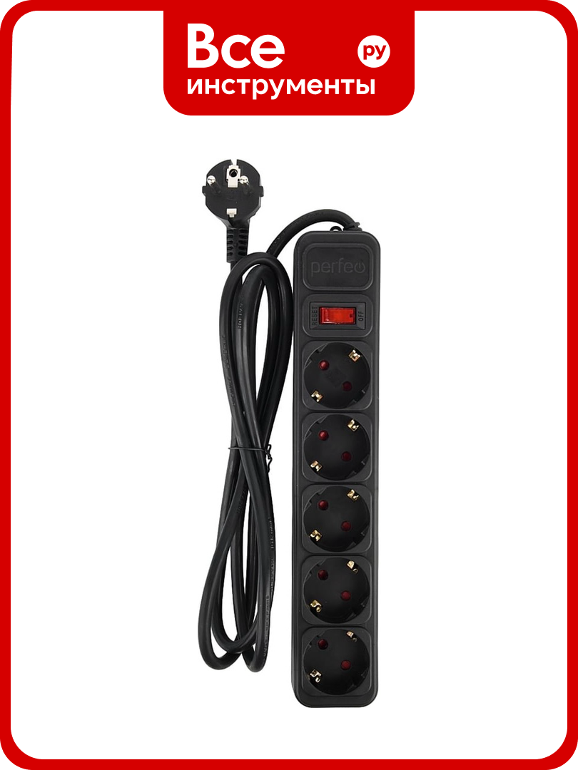 Сетевой фильтр Perfeo "REAL POWER", 1,8м, 5 розеток, черный. 30022736