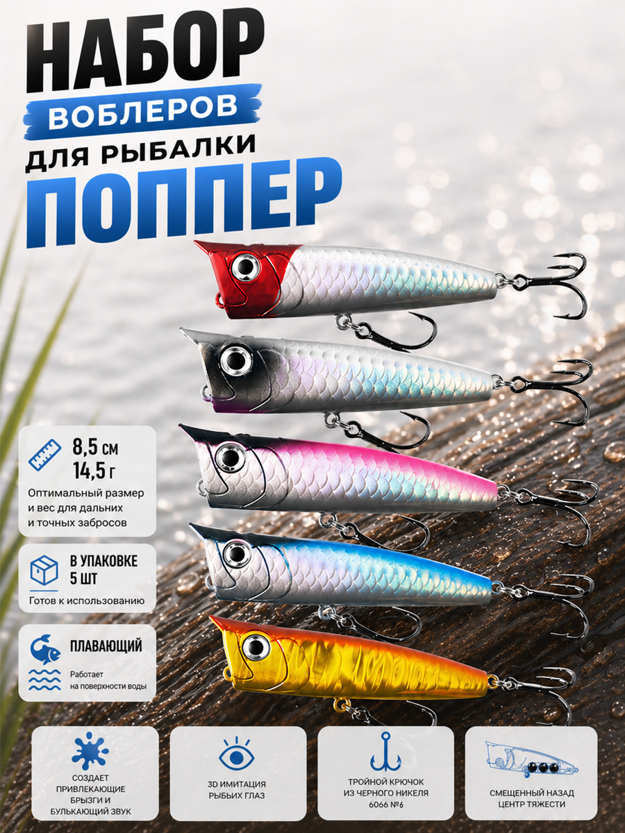 Набор воблеров Jet Splashing Popper для рыбалки, с тройным крючком, имитация рыбной чешуи 8,5 см/14,5 г, 5 шт, разноцветные