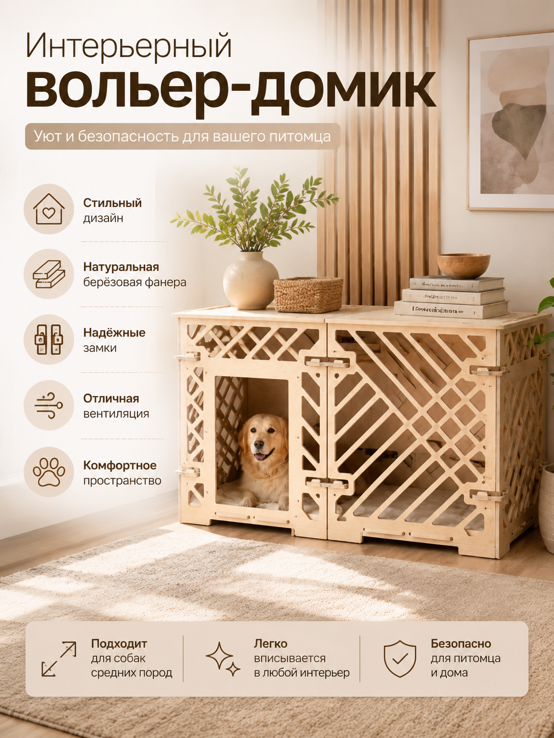Деревянный вольер (клетка) для кошки или собаки 100см*50см*60см линии, без покраски