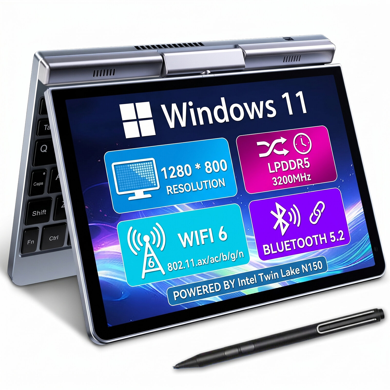 8" 2-в-1 мини-ПК, N150(до 3,6ГГц),12ГБ LPDDR5,512ГБ SSD, Win11Pro,1280×800 тачскрин, WiFi6 BT5.2, USB-C, HDMI, стилус