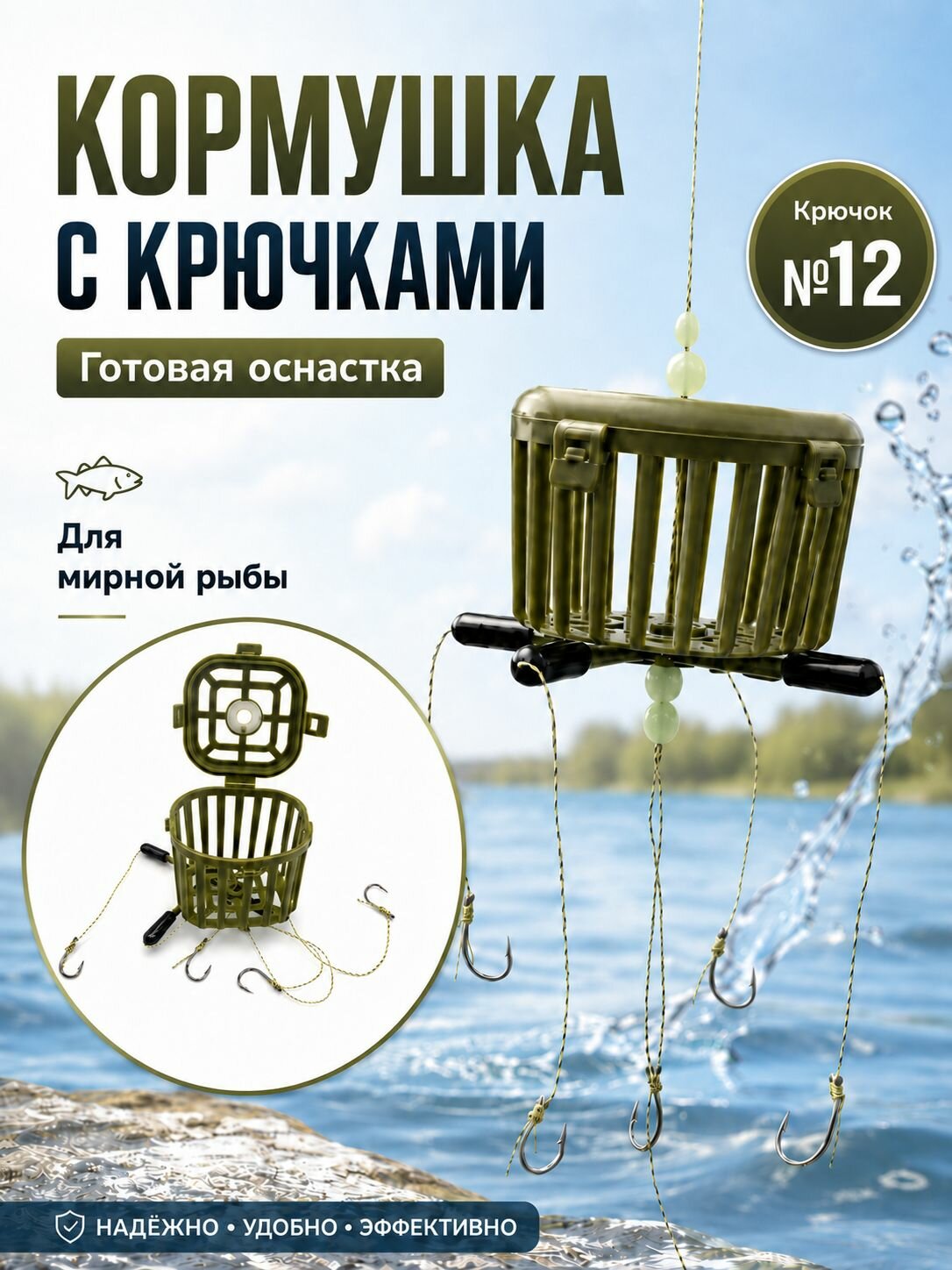 Кормушка для рыбалки с 6 крючками №12, донная кормушка закрытая в сборе для карпа, карася, леща, готовая оснастка