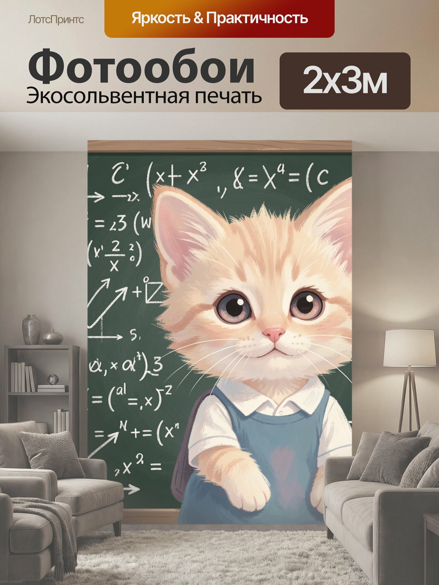 Фотообои "Рыжий котёнок у школьной доски. Милый пушистый ученик в синем сарафане на фоне классной доски с формулами, графиками и геометрией." 200x300 см. экосольвентная печать
