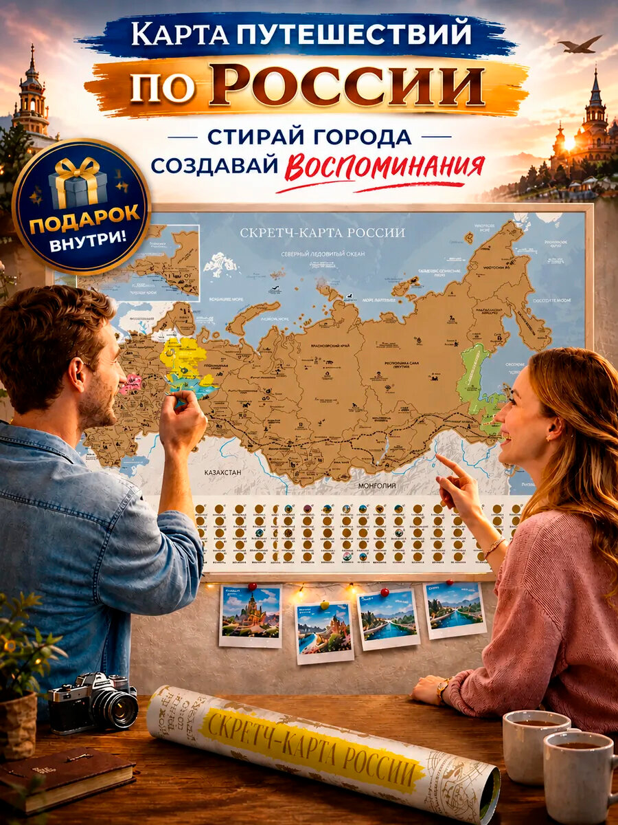 Скретч карта России "Путешествуй и стирай" настенная, географическая карта в тубусе, 60х85 см