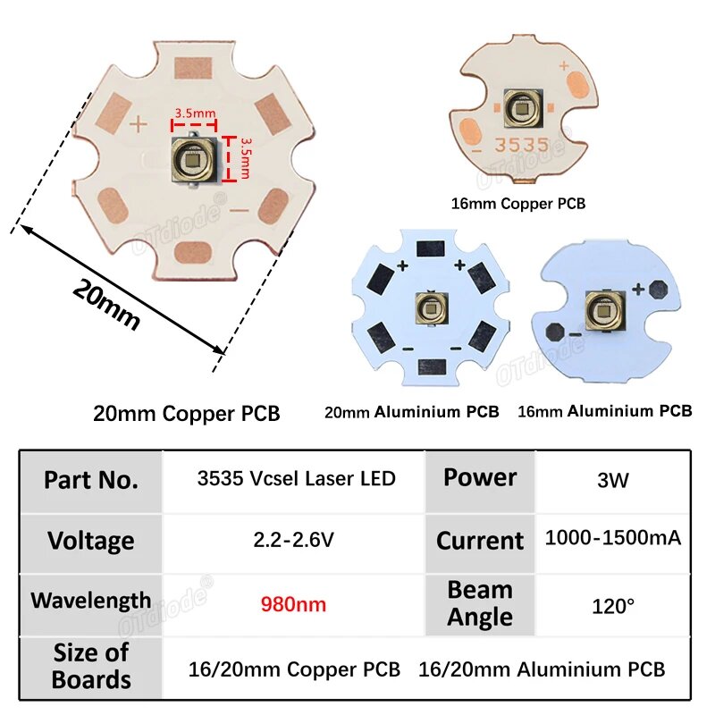 Лазерный светодиод OTdiode 3Вт 5Вт 3535 ИК 808/850/940/980/1064 3W 980nm LED, On 16mm Copper Board