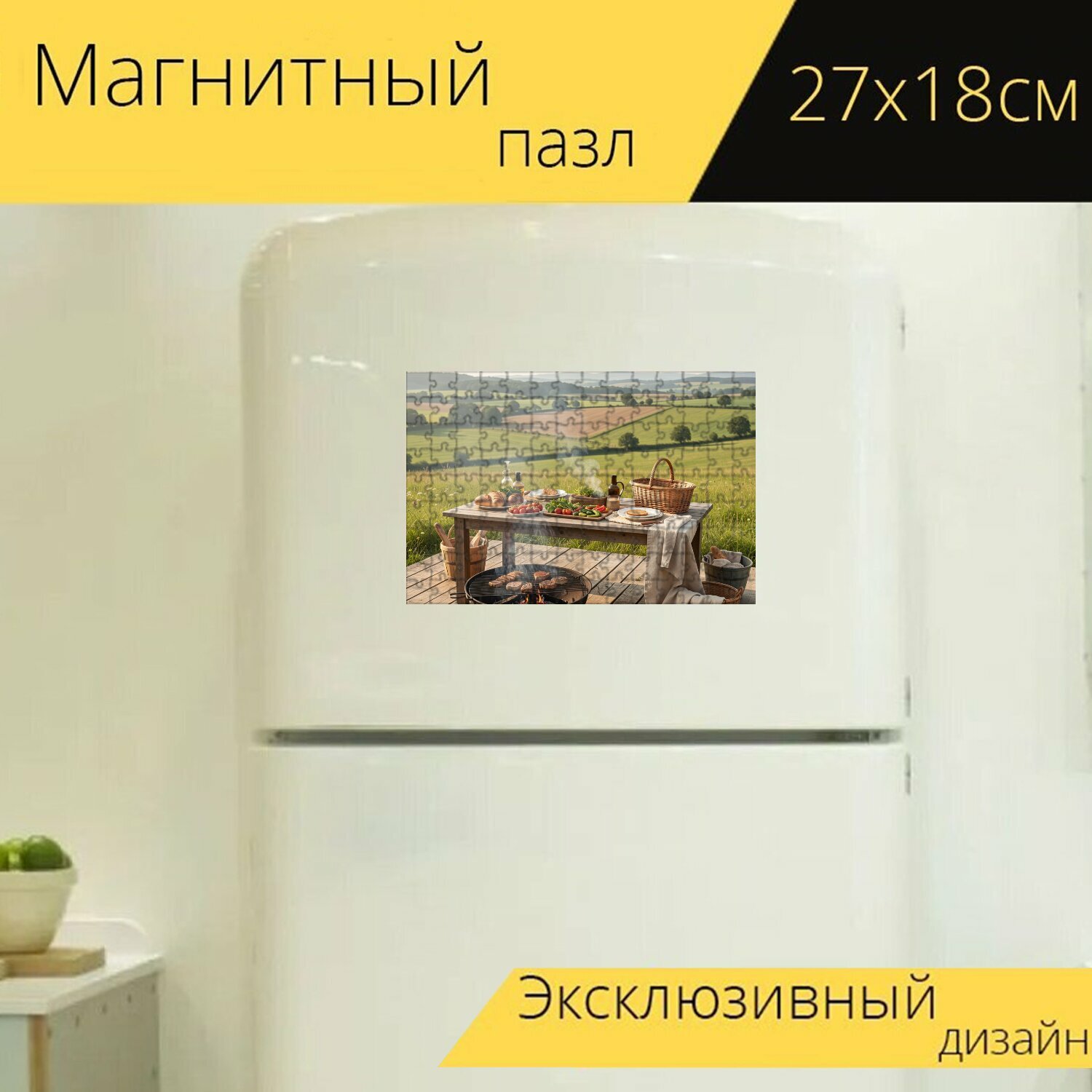 Магнитный пазл "Летняя трапеза на природе. Уютный загородный ужин на деревянной террасе: дымящийся мангал, мясо, свежие овощи, хлеб и корзины, на фоне." на холодильник 27 x 18 см.