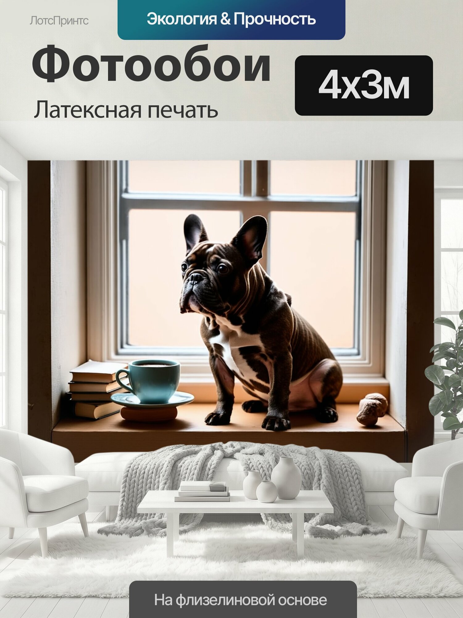 Фотообои моющиеся ударопрочные "Французский бульдог, сидящий на подоконнике старинной квартиры, с книгами и чашкой кофе. стиль уютной фотографии." 400x300 см. латексная печать