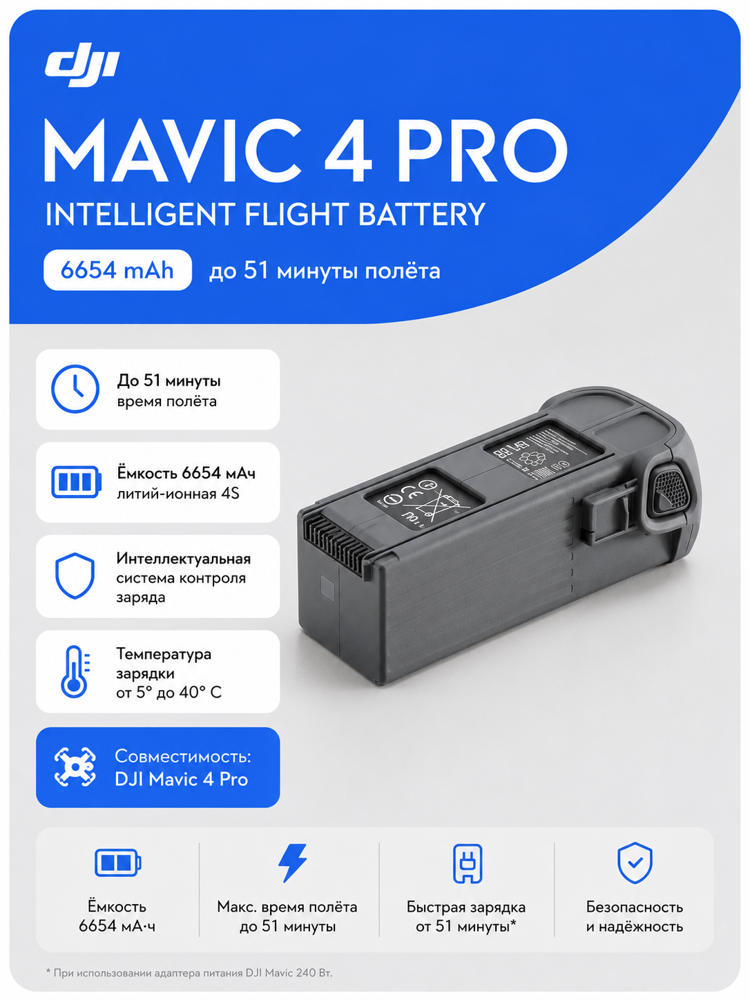 Аккумулятор DJI Mavic 4 Pro Intelligent Flight Battery, емкость 6654 mAh