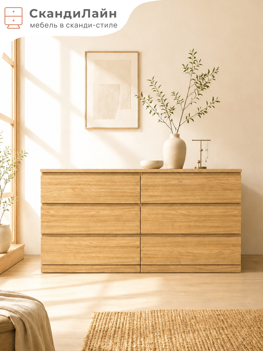 Комод для одежды литен, 6 ящиков, дуб скандинавский, 160x77x48 см