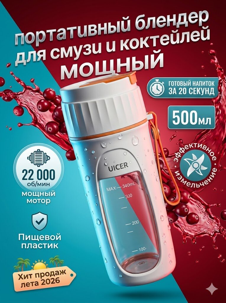 Портативный блендер GROOVIER, беспроводной, для смузи и коктейлей, синий