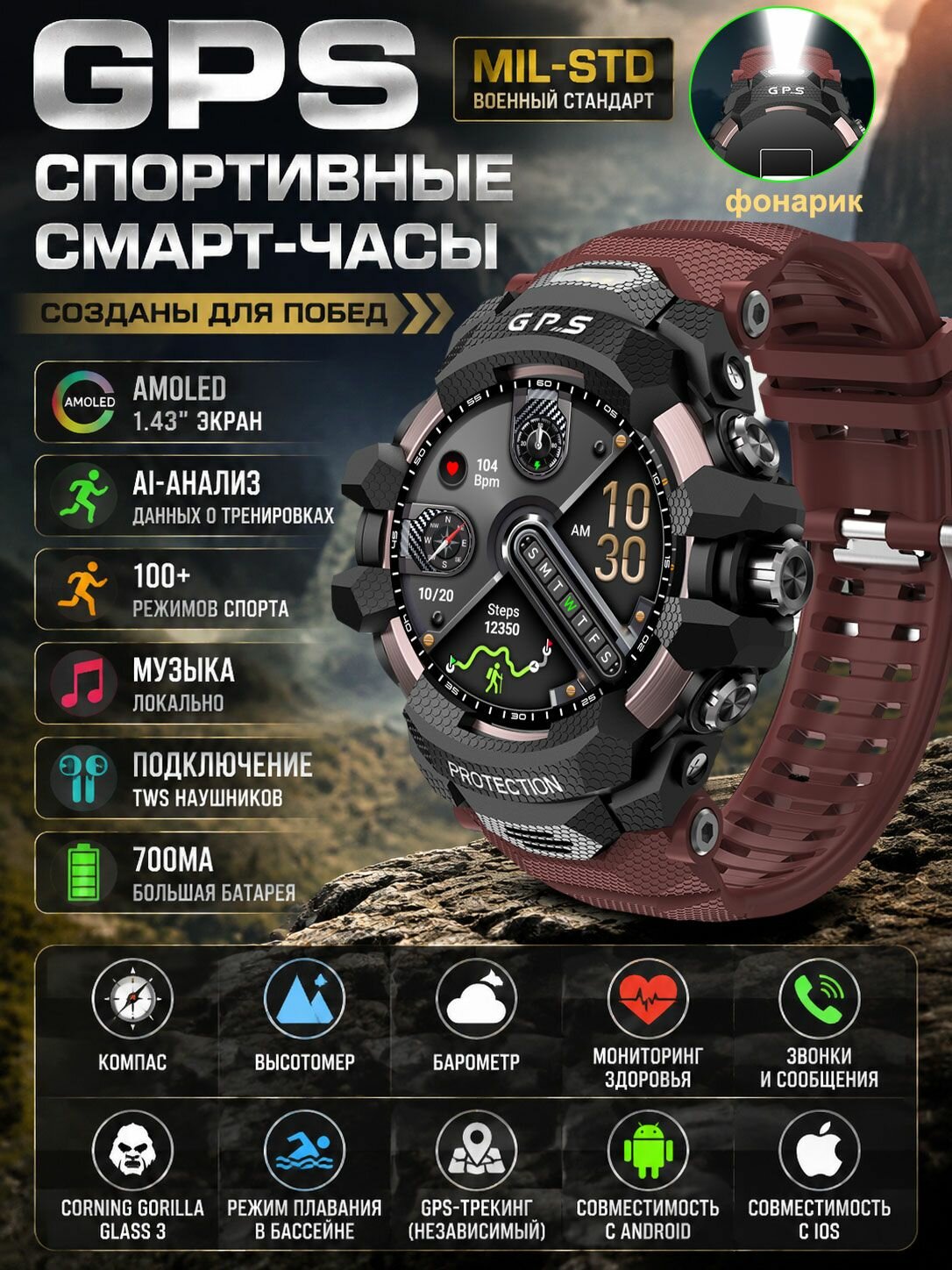 Военные смарт часы наручные мужские смарт водонепроницаемые с двойным GPS, барометр, компас, альтиметр,1.43'AMOLED,700mAh, водозащищенные для плавания в бассейне, спортивный трекер