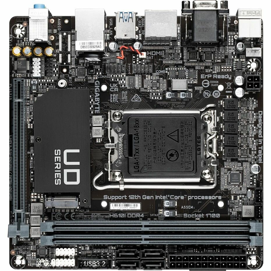 Материнская плата Gigabyte H610I DDR4, LGA 1700, Intel H610, 2xDDR4, 4xSATA, 1xM.2, 1xPCIe 4.0 x16, 1xHDMI, 1xVGA, 2xDP, 1x 1Gb LAN