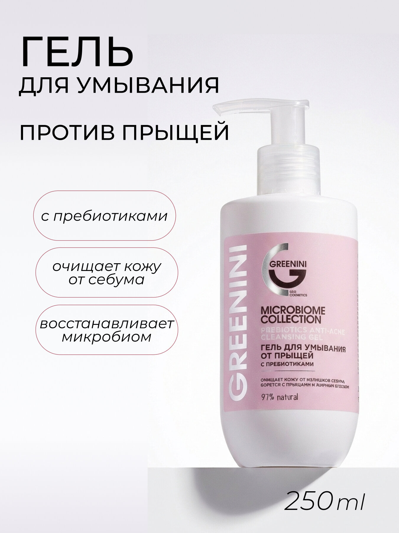 Greenini Гель для умываня от прыщей с пребиотиками Microbiome Collection 250 мл