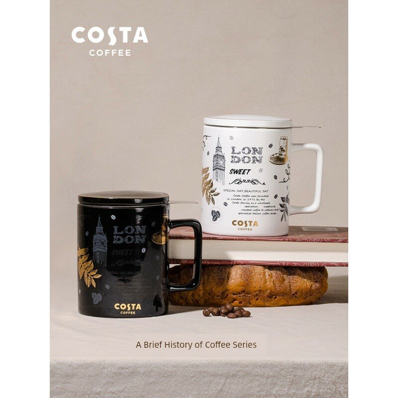 Кружка COSTA Coffee из серии Brief History, керамическая чашка с крышкой, ложкой и фильтром для чая, из нержавеющей