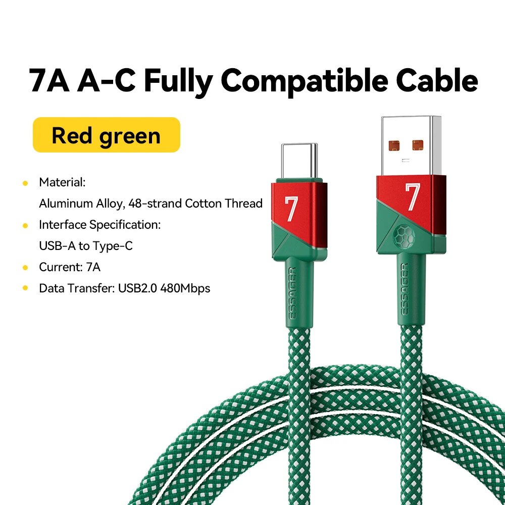ESSAGER 100 Вт 7A USB-кабель типа C для Huawei 88 Вт, сверхбыстрый провод для Зеленый, 1M, Red Green