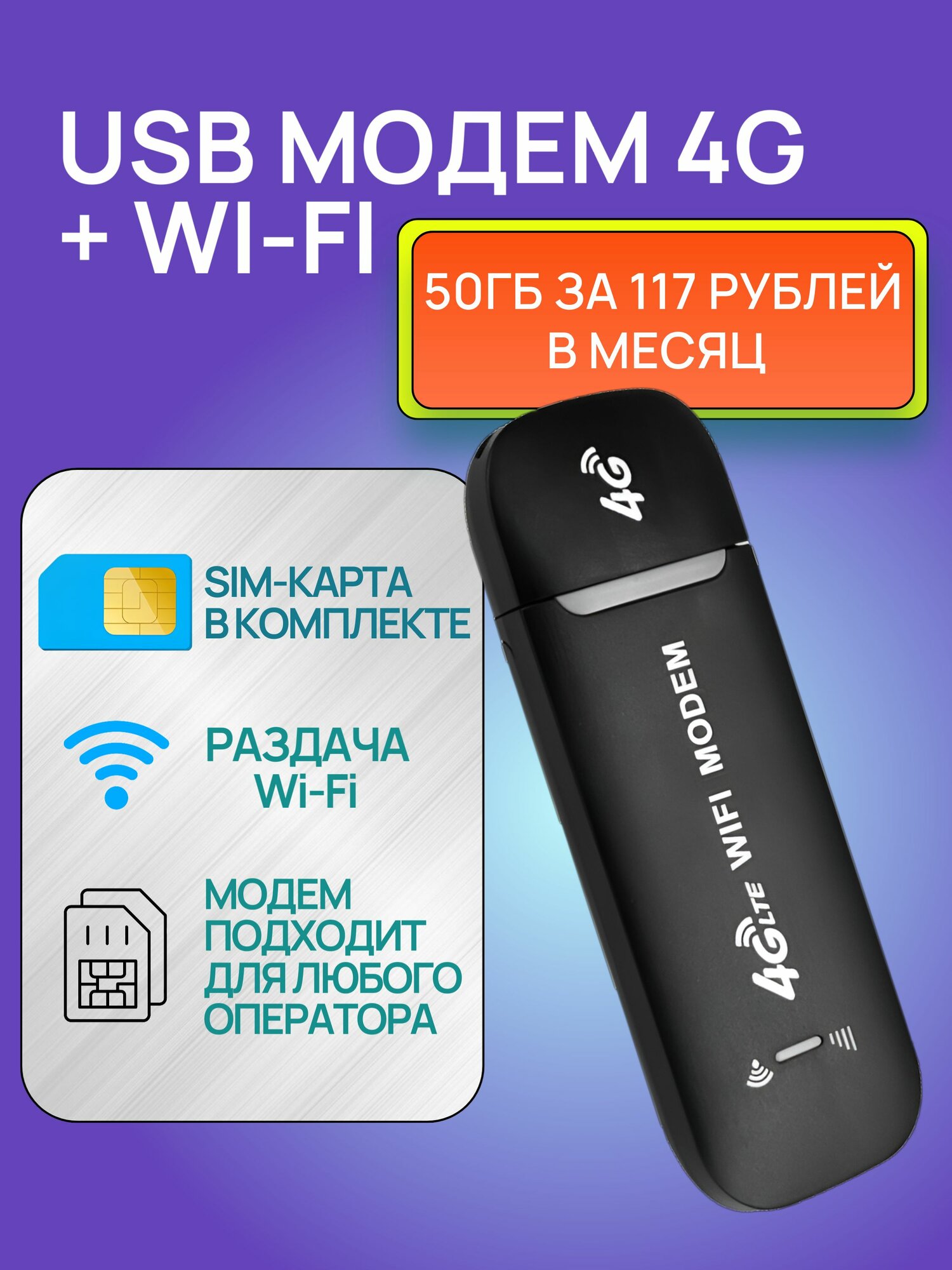 Модем 4G(LTE)+Wi-Fi+SIM-Карта в комплекте