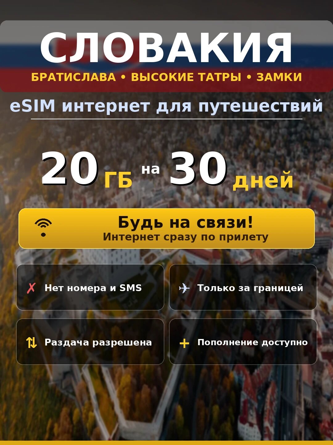 ESIM Словакия — мобильный интернет 20 ГБ на 30 дней | виртуальная SIM-карта для путешествий
