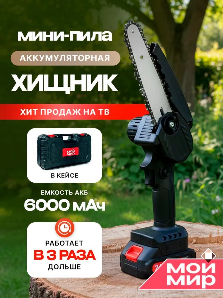 Пила аккумуляторная цепная садовая мини "Хищник" в кейсе, сучкорез электропила