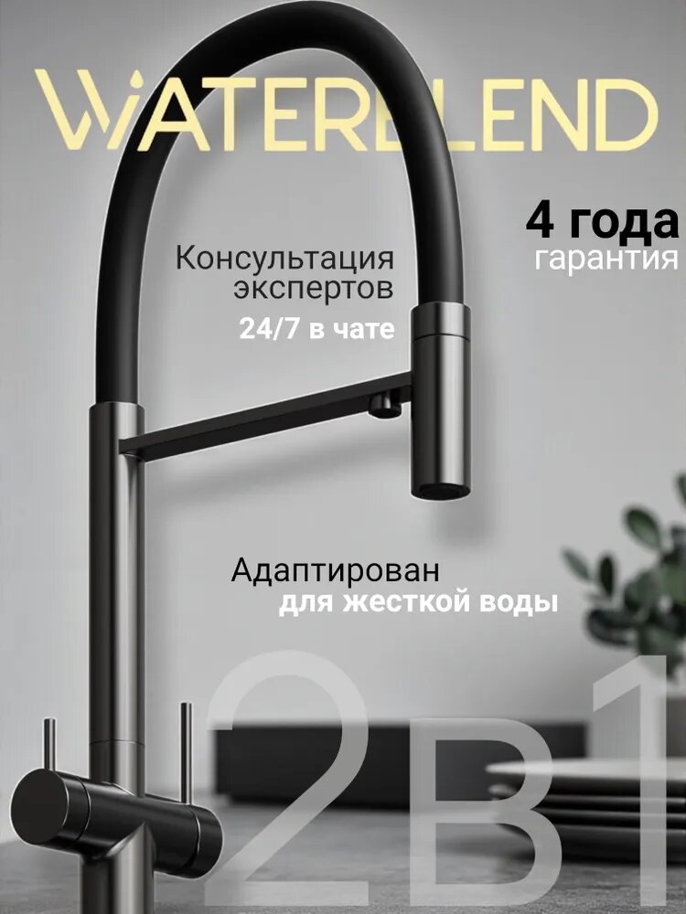 Смеситель для кухни WATERBLEND с гибким изливом, фильтром и краном для питьевой воды из нержавеющей стали, кран на кухню для раковины гибкий, смеситель на кухню, кухонный смеситель