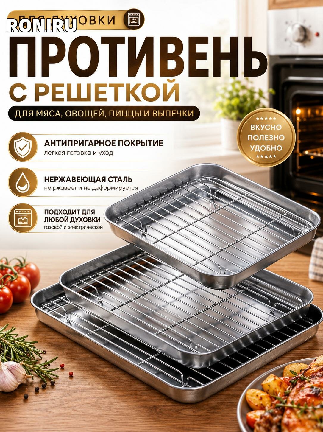Противень для духовки с антипригарным покрытием и решеткой из нержавеющей стали для мяса, овощей, пиццы и выпечки