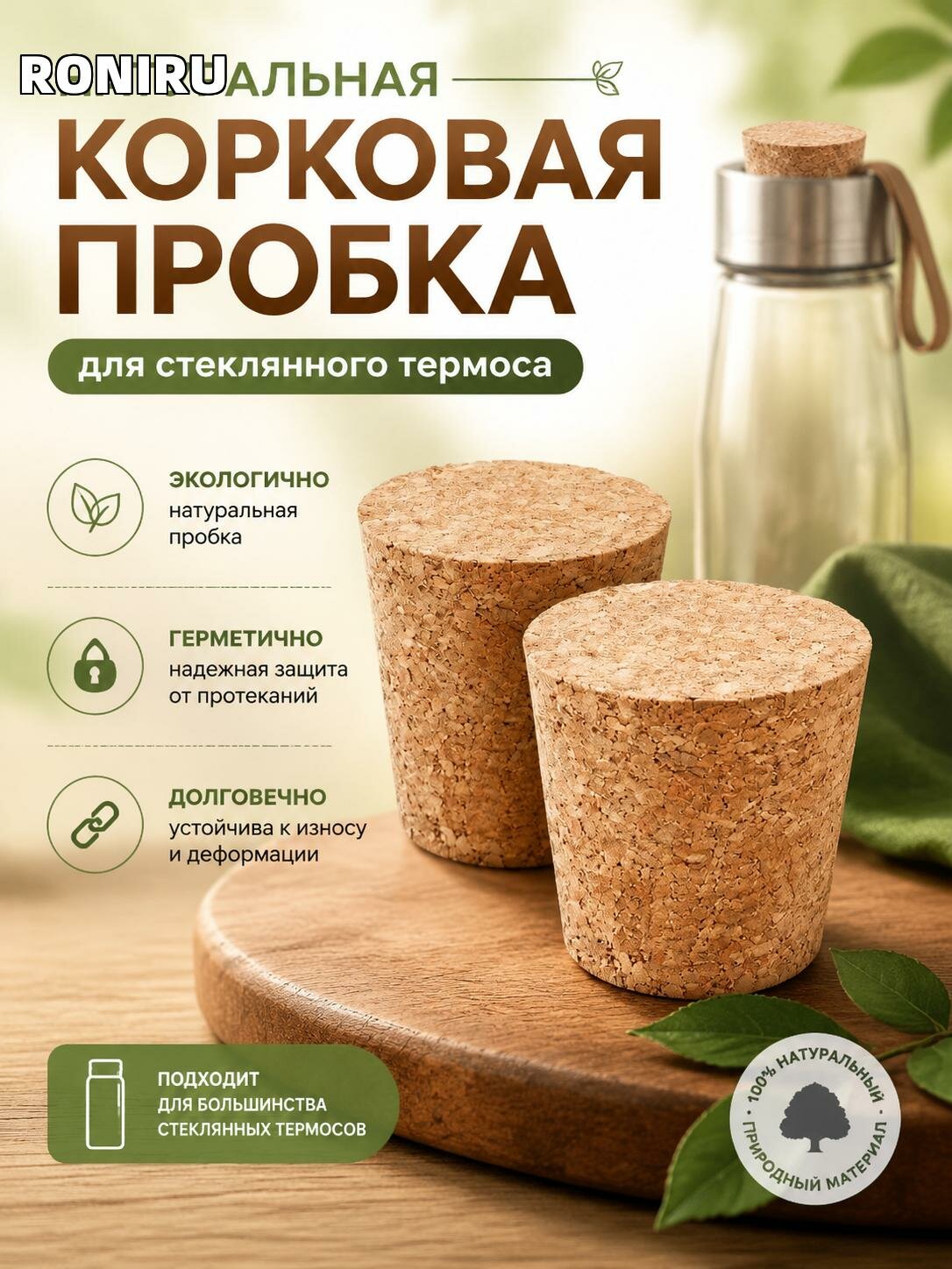 Натуральная корковая пробка для стеклянного термоса — герметичная универсальная пробка, экологичная и долговечная