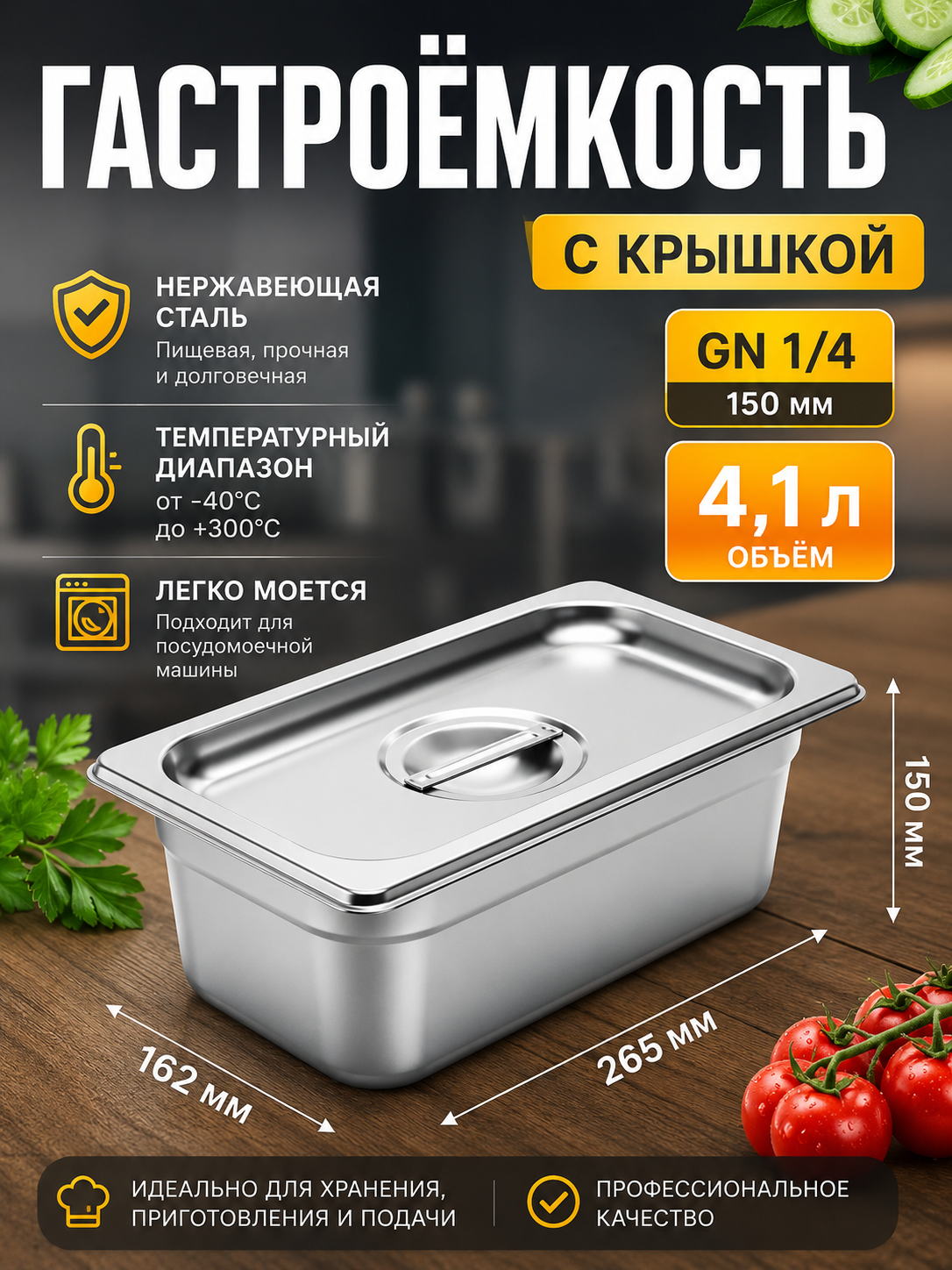 Гастроемкость из нержавеющей стали с крышкой 4.1 л, GN1/4*150 мм (265*162*150 мм) для хранения, приготовления продуктов.