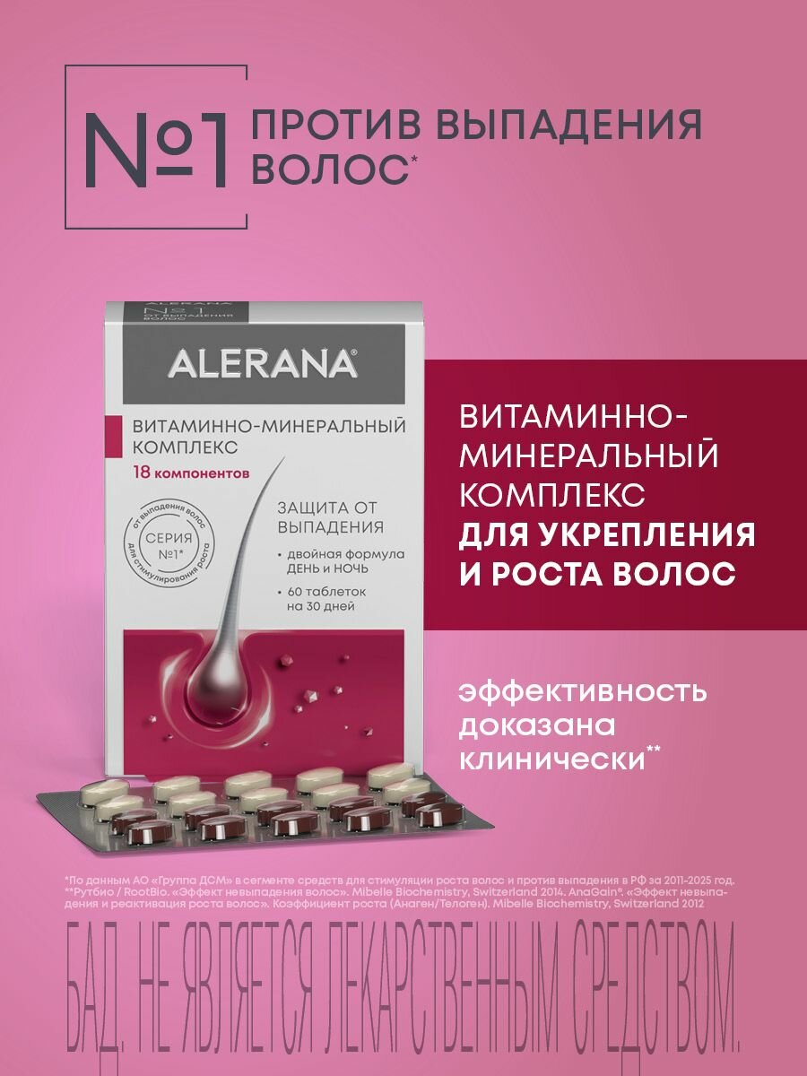 Витаминно-минеральный комплекс ALERANA, бады и витамины, для роста, питания и укрепления волос, против выпадения и ломкости, бад для женщин, 60 таблеток комплекс витаминов для волос бад для роста воло