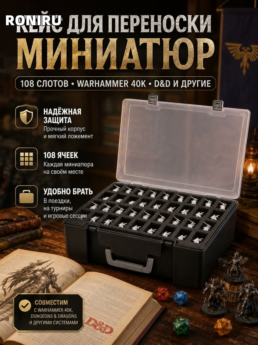 Кейс для переноски миниатюр, органайзер с 108 слотами совместим с Warhammer 40k и Dungeons & Dragons