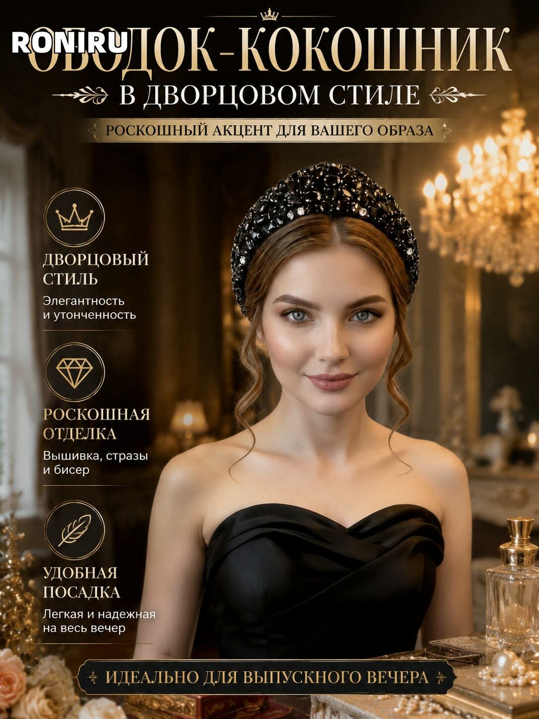 Ободок-кокошник повязка на голову в барочном дворцовом стиле, широкополая вышитая повязка для выпускного вечера