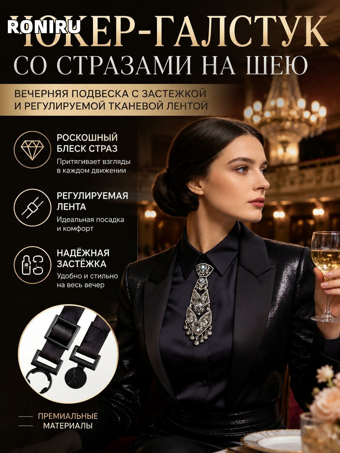 Чокер-галстук со стразами на шею, вечерняя подвеска с застежкой и регулируемой тканевой лентой