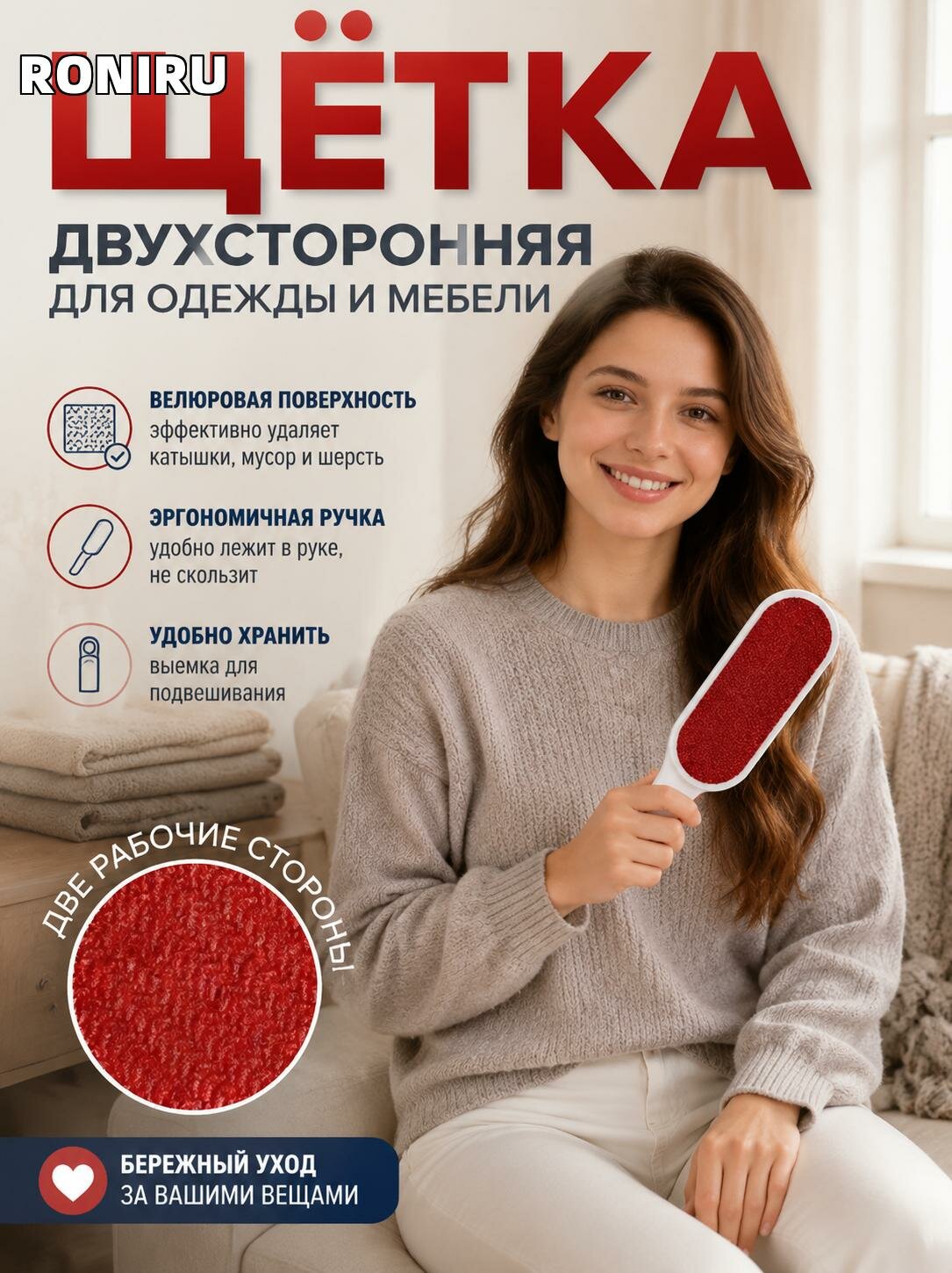 Двухсторонняя щетка для одежды, велюровая поверхность для удаления катышек, мусора и сбора шерсти, с эргономичной ручкой и выемкой для подвешивания