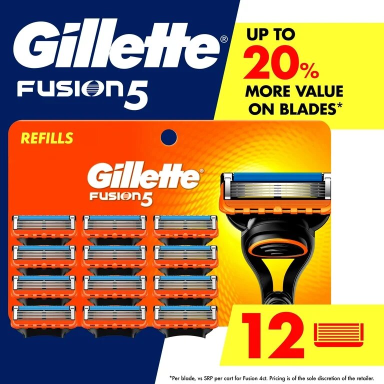 Сменные кассеты для мужской бритвы Gillette Fusion5, 12 шт, с 5 лезвиями, c точным триммером для труднодоступных мест