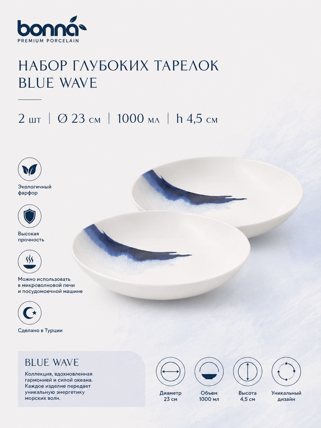 Набор глубоких тарелок 23 см 1000 мл 2 шт, Bonna Blue Wave, ударопрочный фарфор