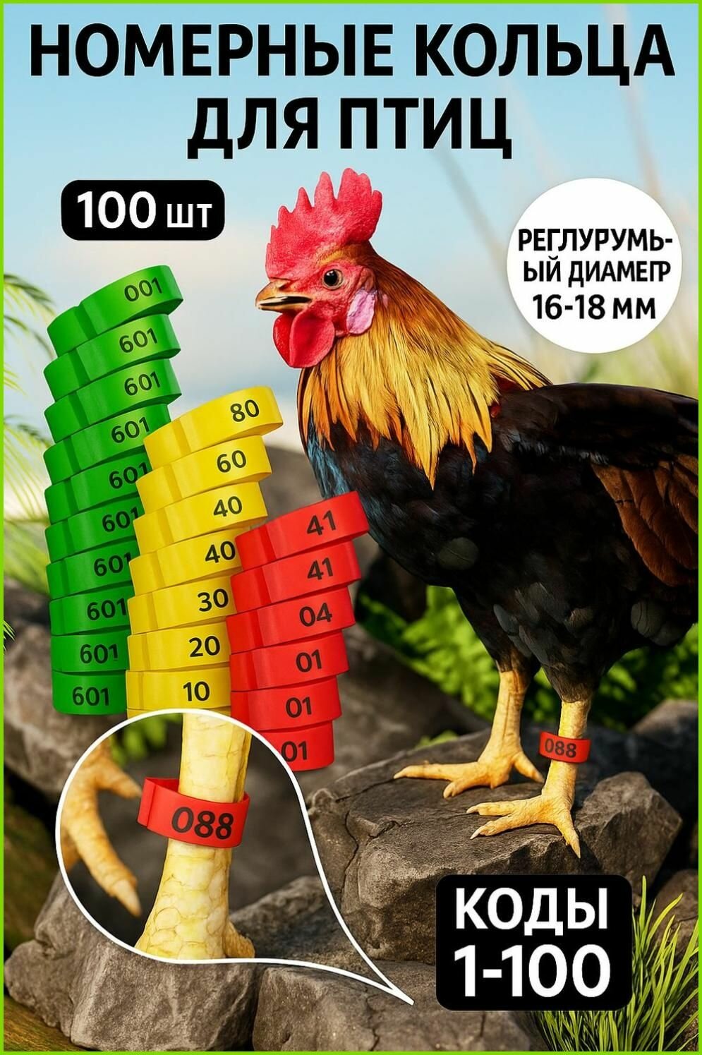 Меточные кольца для птиц 100 шт, пластиковые 16-18,5 мм, с номерами, для кур, голубей, перепелов
