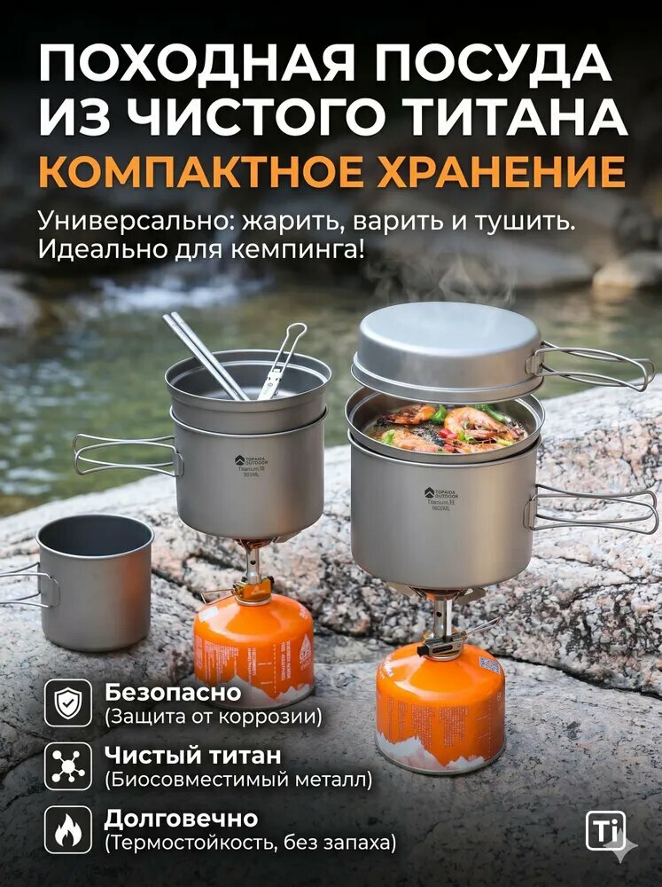 Сверхлегкий набор туристической посуды из титана: котелок 1600 мл + сковорода 500 мл