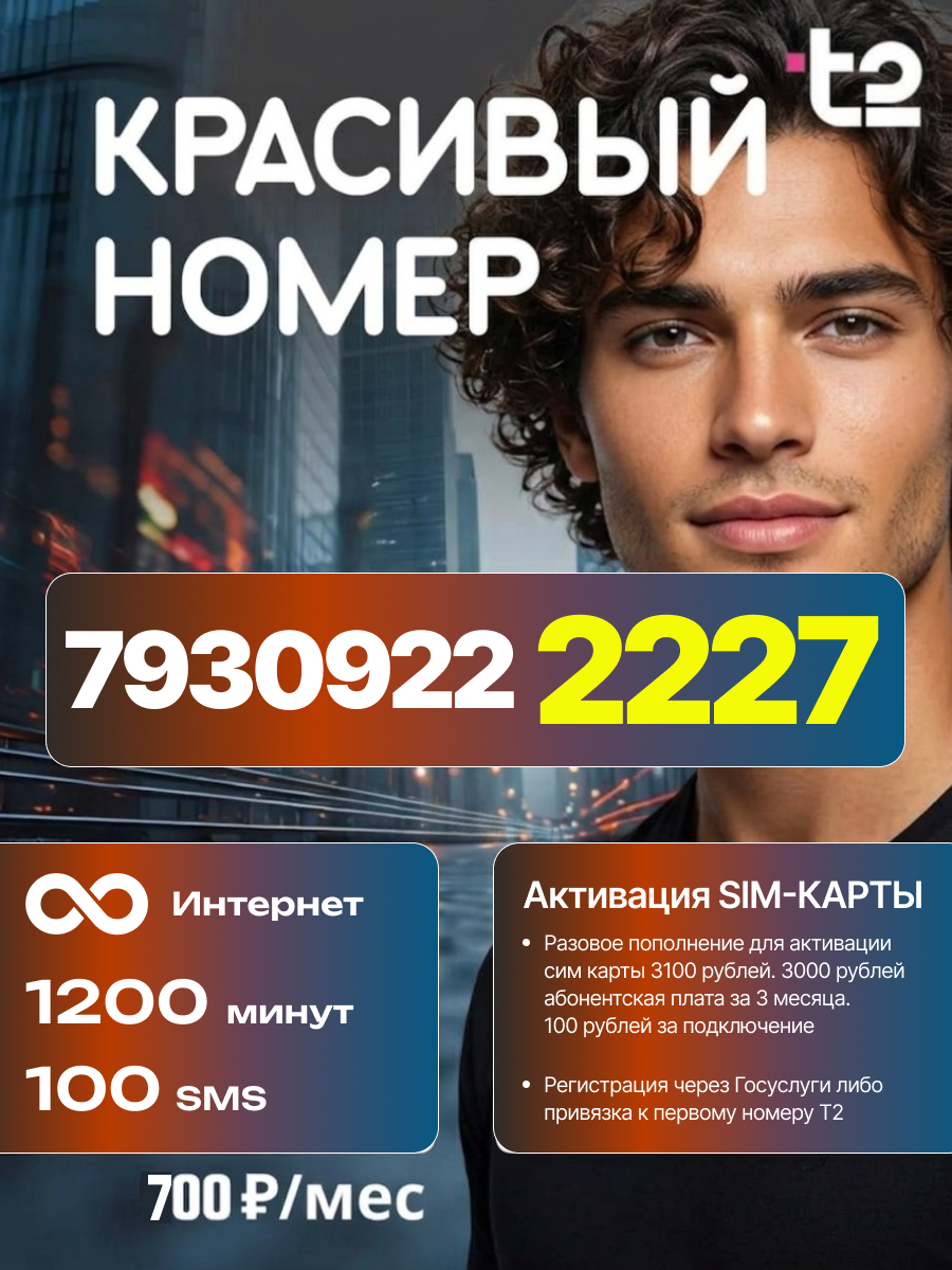 Sim - карта Теле2 "Black" платина красивый номер, 700 руб/мес, 1200 мин, 100 смс, безлимитный интернет