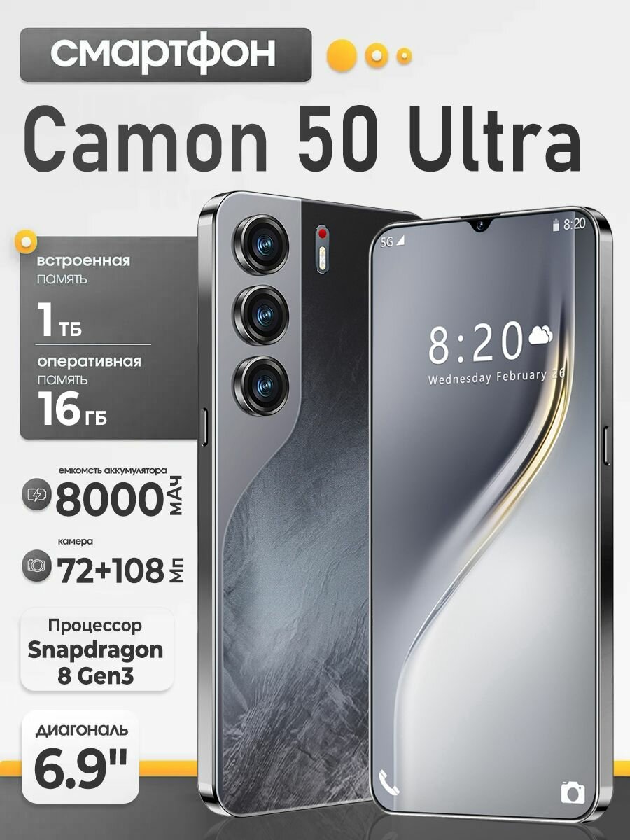 Смартфон Tenco Camon 50 Ultra Ростест (EAC) 16/1 ТБ, Micro-SIM, серый, перламутровый