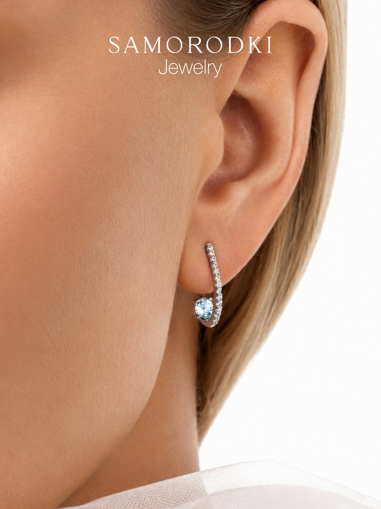Серьги пусеты SamoroDki Jewelry, серебро, 925 проба, родирование, топаз, фианит, размер 1.65 мм, длина 1.65 см, , бесцветный, белый, серебристый, голубой — фото 1