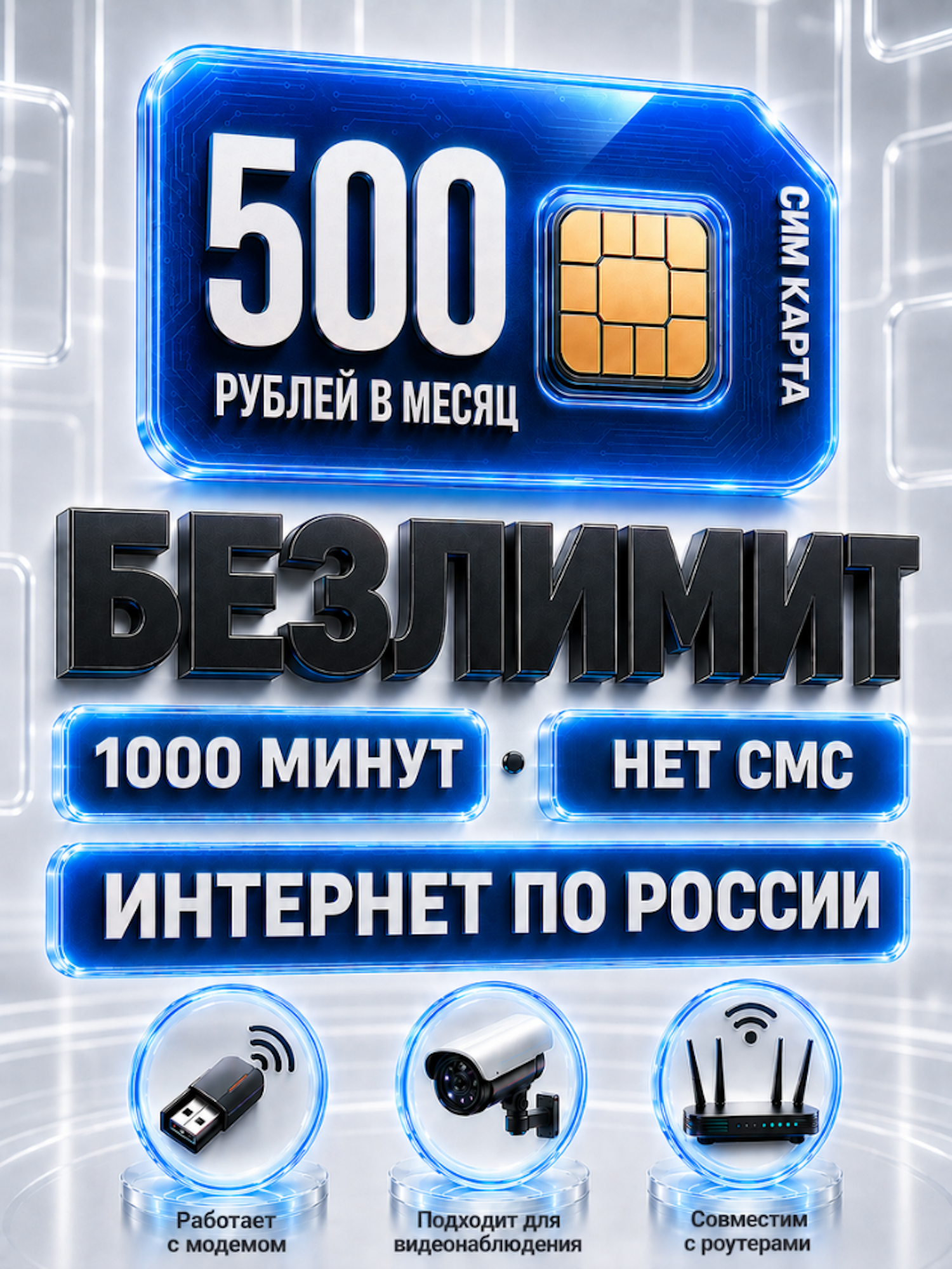 Сим карта Безлимитный по РФ 500 р/м для мобильных модемов и роутеров YYOV2
