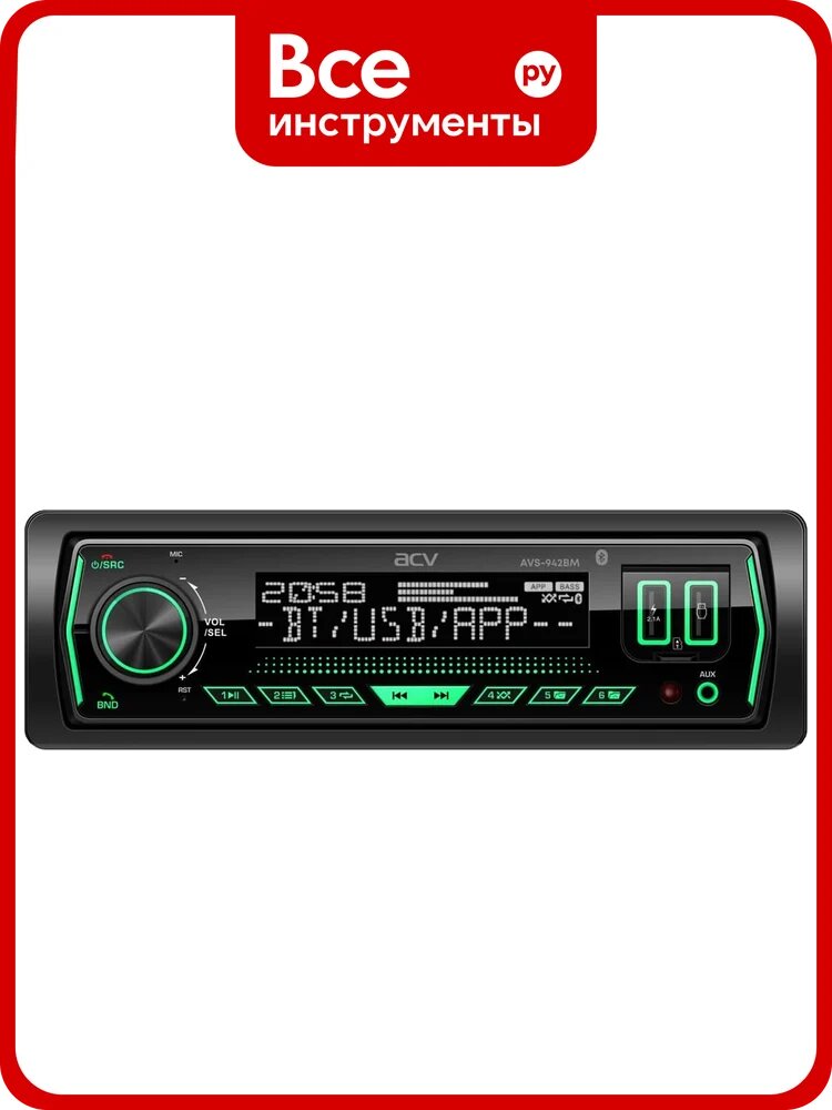 Магнитола ACV 1din/мультицвет/BT/2USB/AUX/SD/FM/3RCA/SUB/QC/4х50 ACV AVS-942BM