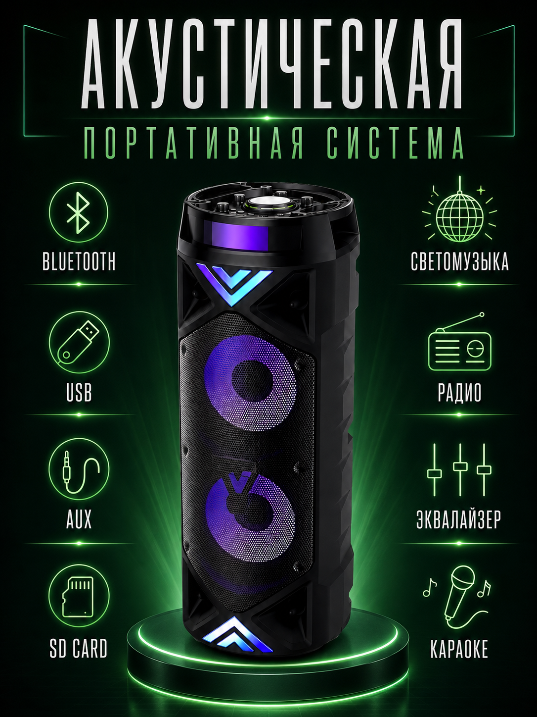 Большая беспроводная портативная Bluetooth колонка 6201, Светомузыка, Караоке, LED подсветка, 4500 mAh, AUX, USB, Черный