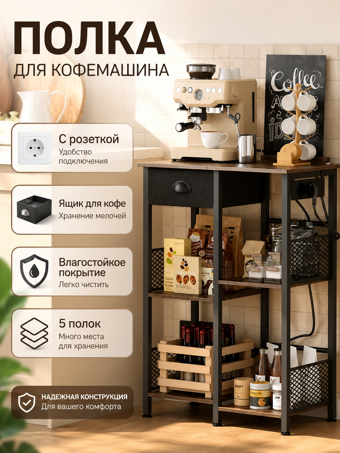 Стеллаж loft напольный металличе высокий, с розеткой, Кофе-бар, 60х34х82см