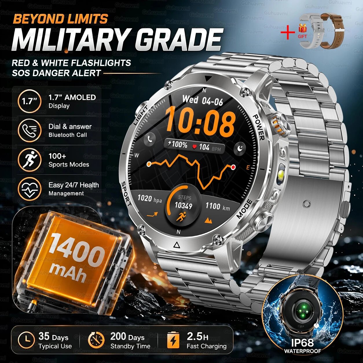 Smart Watch GPS 1400 mAh AMOLED IP68 Серый, Silver Steel 2A