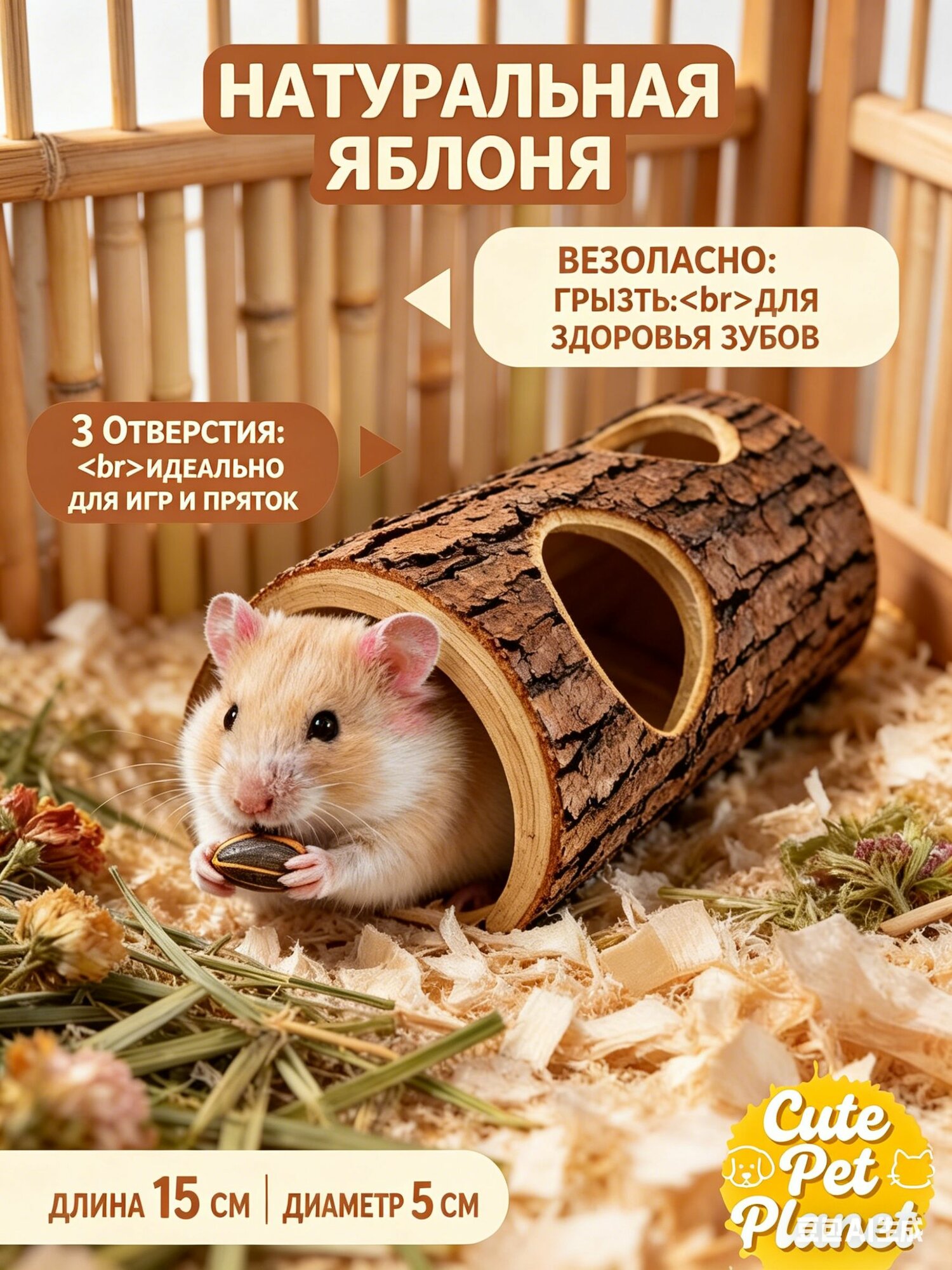 Туннель для хомяков из натуральной яблони, дерево для грызунов - домик-укрытие и игрушка для заточки зубов крыс, песчанок и мышей, 15х5 см. деревянный тоннель укрытие для хомяков точилка для зубов