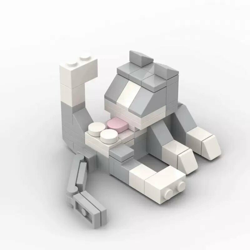 Конструктор MOC серо‑белая кошка, мини‑детали, милый кот‑фигурка на рабочий стол, подарок