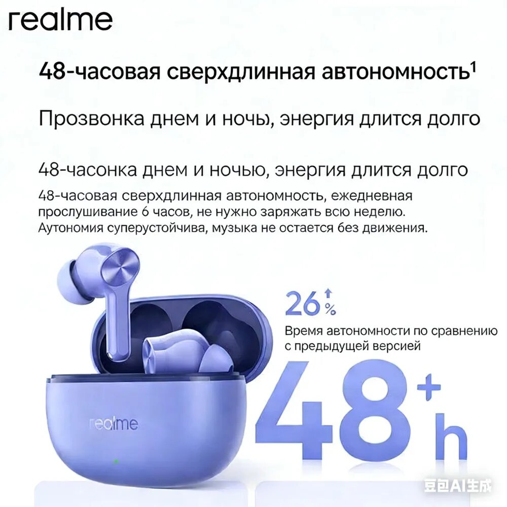 Realme Наушники беспроводные с микрофоном, Bluetooth, фиолетовый