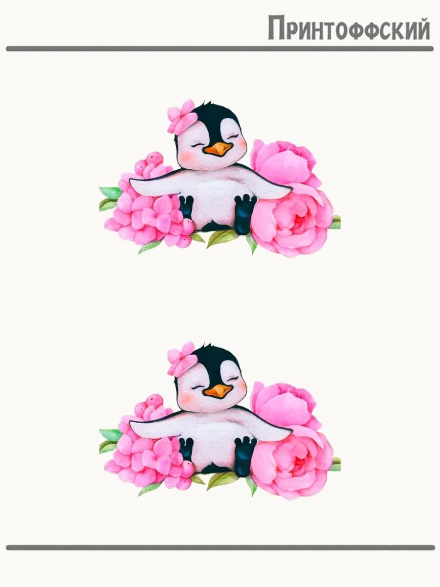 2-е (Две) Термонаклейки penguin пингвин в розовых пионах