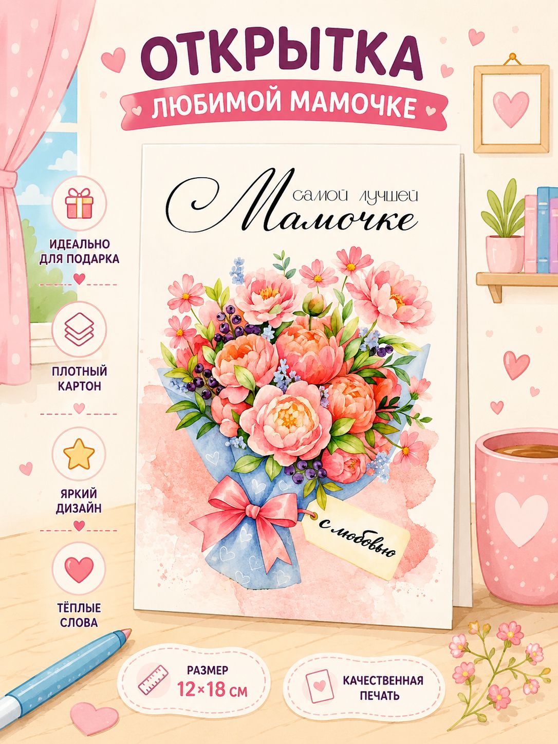 Открытка маме "Самой лучшей мамочке" 12х18 см, поздравительная с цветами