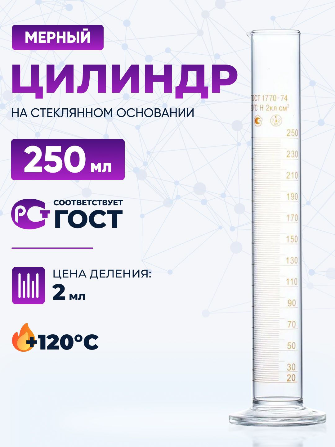 Цилиндр мерный 250 мл (без поверки), (термостойкое боросиликатное стекло Boro 3.3), Лаборио